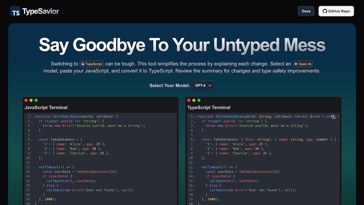 TypeSavior - Your AI JavaScript to TypeScript Converter | Jorge Perez